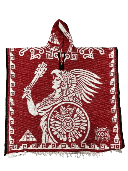 Red and White Aztec Calendar with Aztec Warrior Poncho/Gaban with Hood ...