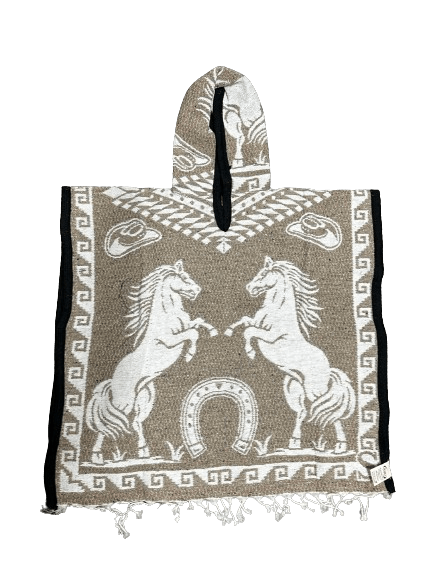 Youth Light Brown and White Horses Poncho/Gaban with Hoodie / Gorro ...