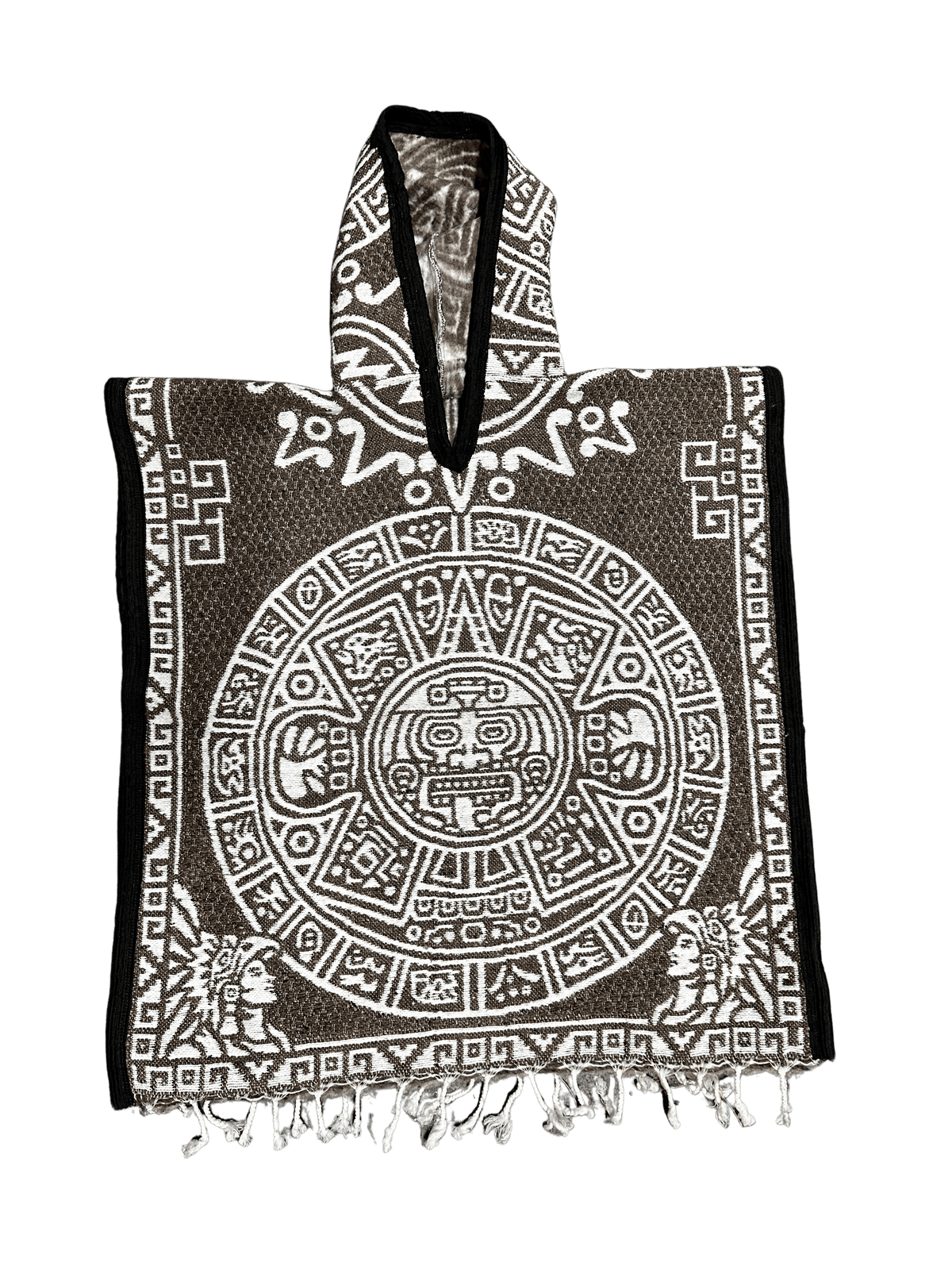 Youth Light Brown and White Aztec Calendar Poncho/Gaban with Hoodie ...