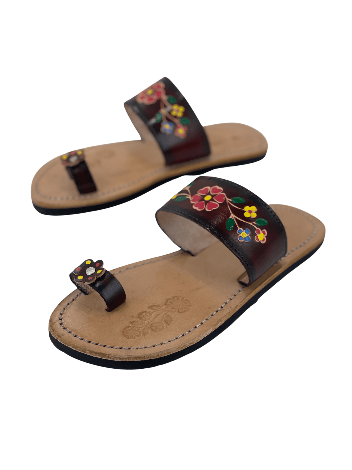Leather Sandal - Brown Single Strap with Colorful Flowers — Rodeo ...