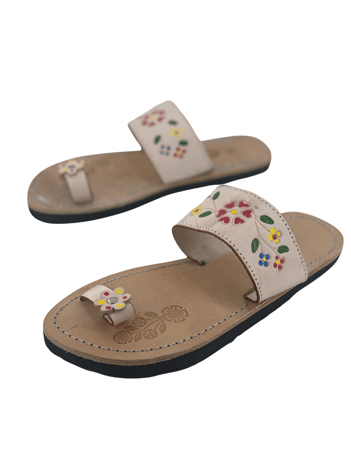 Leather Sandal - Natural Single Strap with Colorful Flowers — Rodeo ...